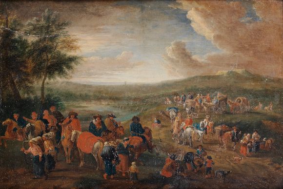 Bonhams : Pieter Bout (Brussels 1658-1719) Travellers on a country path, before a river landscape