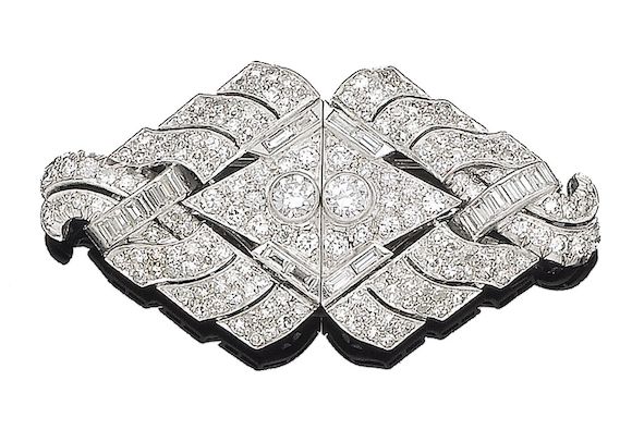 Bonhams : An art deco diamond double-clip brooch,