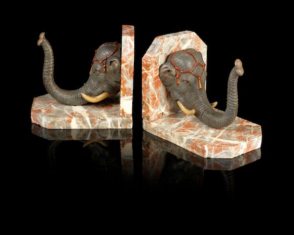 Bonhams : Continental A pair of Elephant Head Bookends, circa 1930