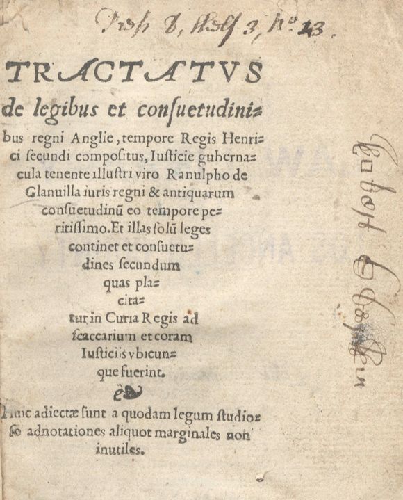 Bonhams : GLANVILLE (RANULF DE) Tractatus de legibus et consuetudinibus ...