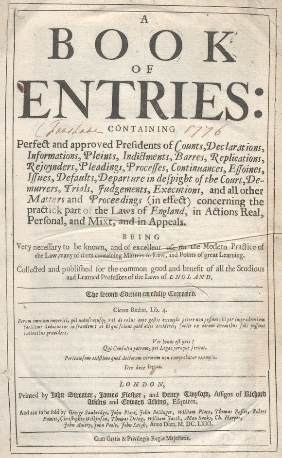 Bonhams : COKE (EDWARD) A Book of Entries, for George Sawbridge, 1670 ...