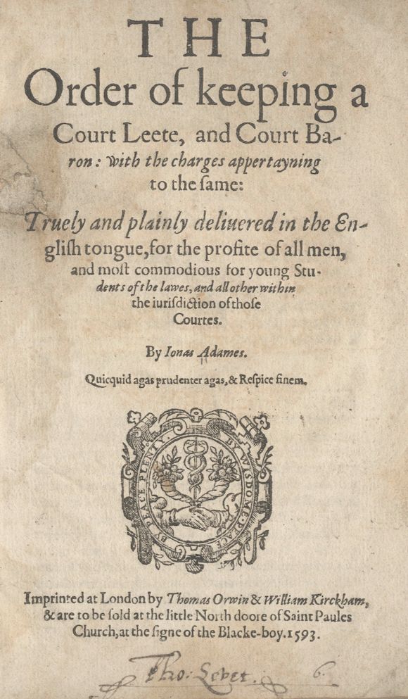 Bonhams : COURT LEET The Order of Keeping a Court Leete, and Court ...