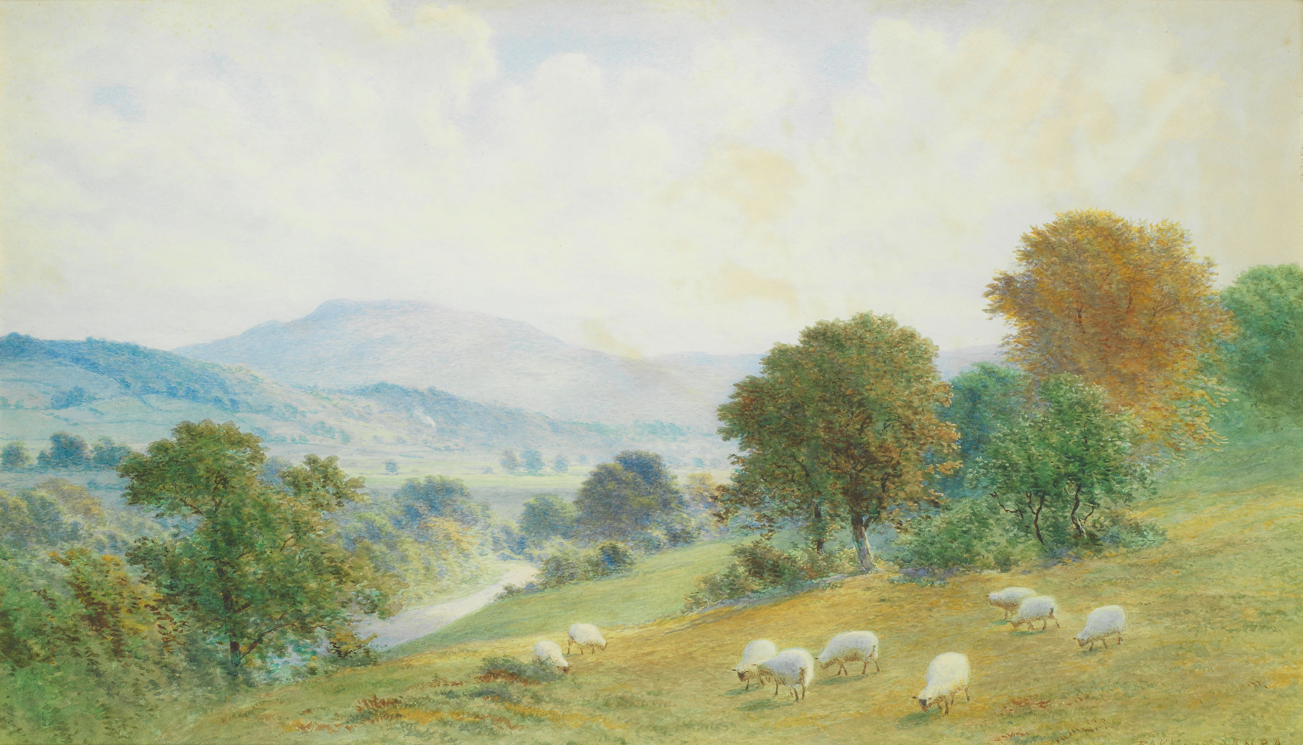 Bonhams : Robert Angelo Kittermaster Marshall (British, 1849-1926) Sheep grazing before a ...