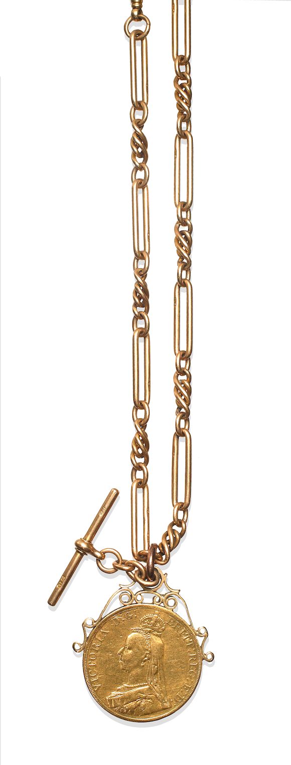 Bonhams : An 18ct gold fancy-link Albert chain and five pounds coin pendant