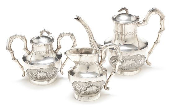 Bonhams : A silver three-piece part tea service Lao Tian Bao marks ...