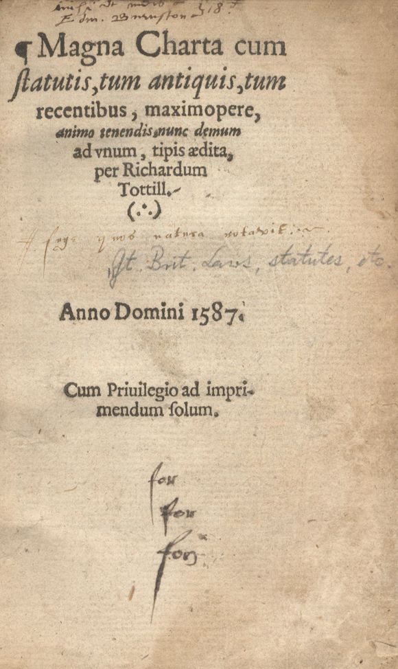 Bonhams : MAGNA CARTA Magna Charta cum statutis, Richard Tottell, 1587