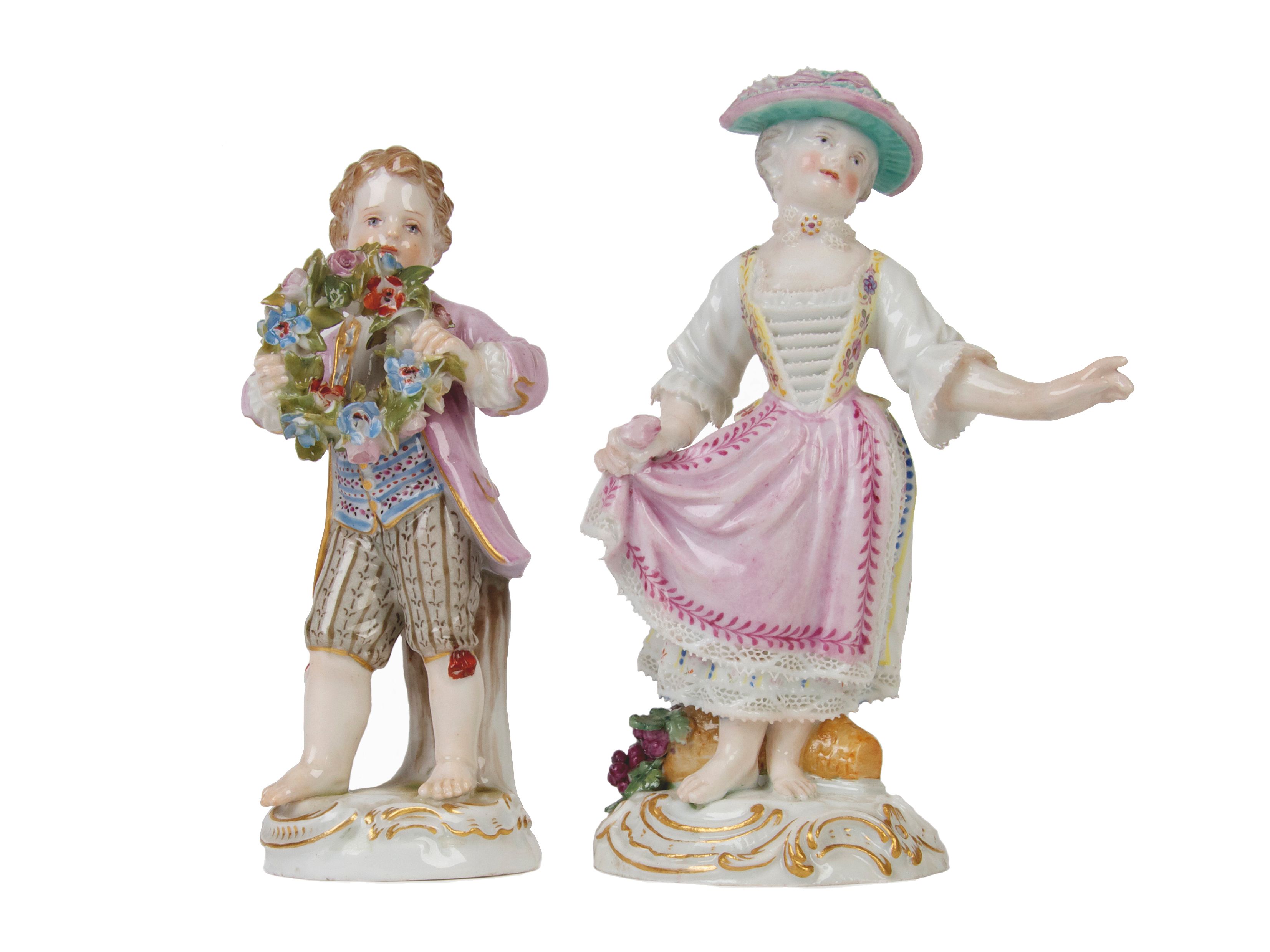 Bonhams : Two Meissen pastoral figures of a boy with wreath and a girl ...