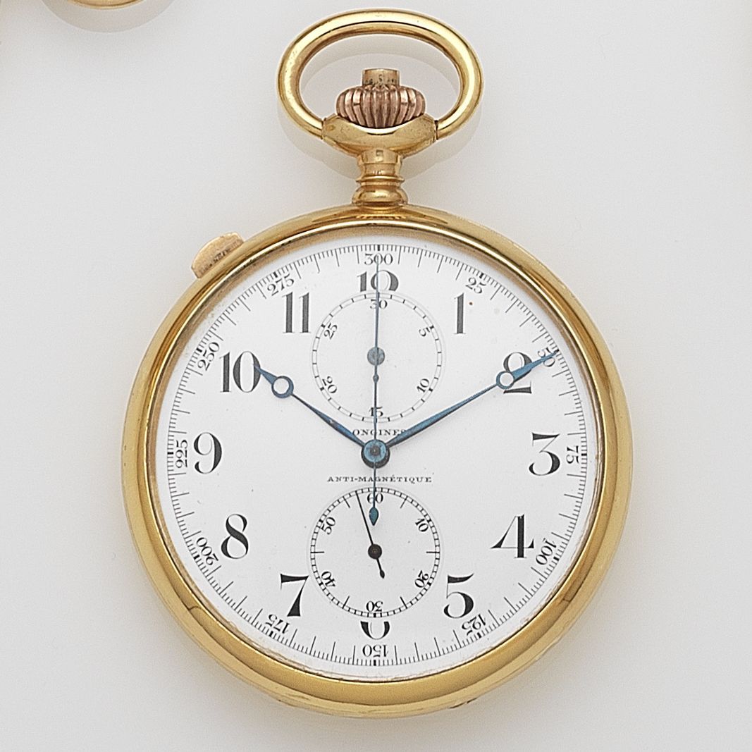 Bonhams : Longines. A gold plated keyless wind open face chronograph ...