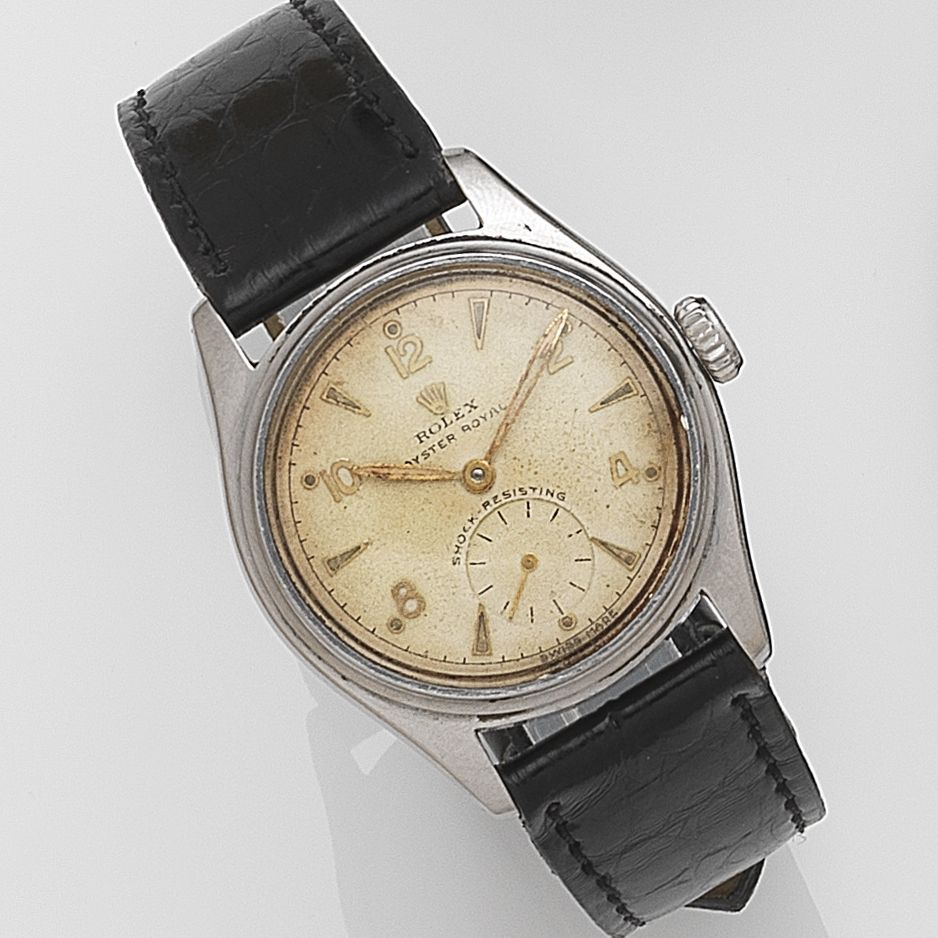 Bonhams : Rolex. A stainless steel manual wind wristwatch Oyster Royal, Ref6044, Serial No.740 ...