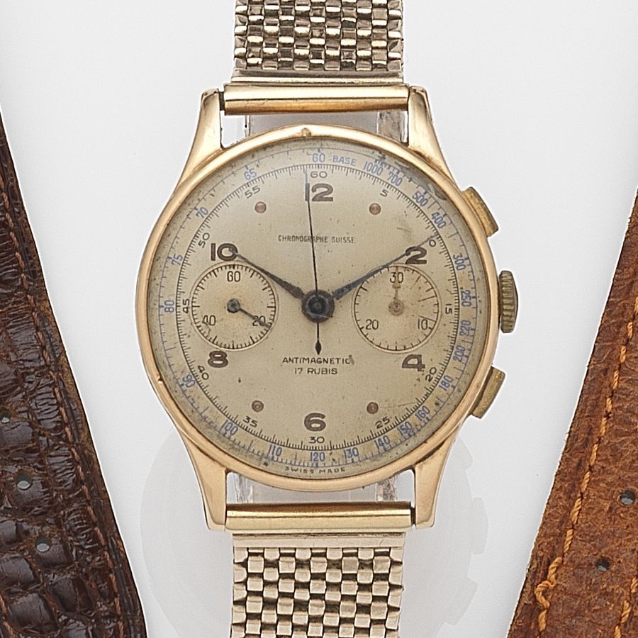 Bonhams : Chronographe Suisse. An 18ct gold manual wind chronograph ...