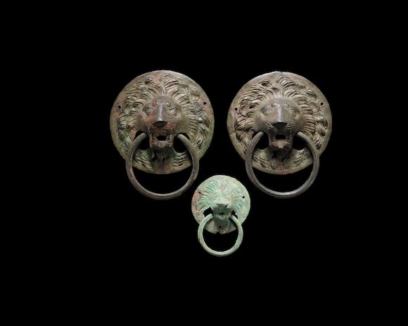 Bonhams : A pair of Roman bronze coffer handles and another smaller ...