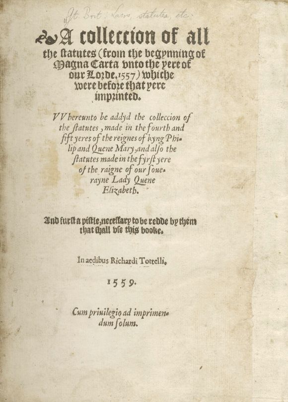 Bonhams : RASTELL (WILLIAM) A Colleccion of all the Statutes (from the ...