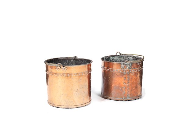 Bonhams : Two similar 19th century riveted copper pails