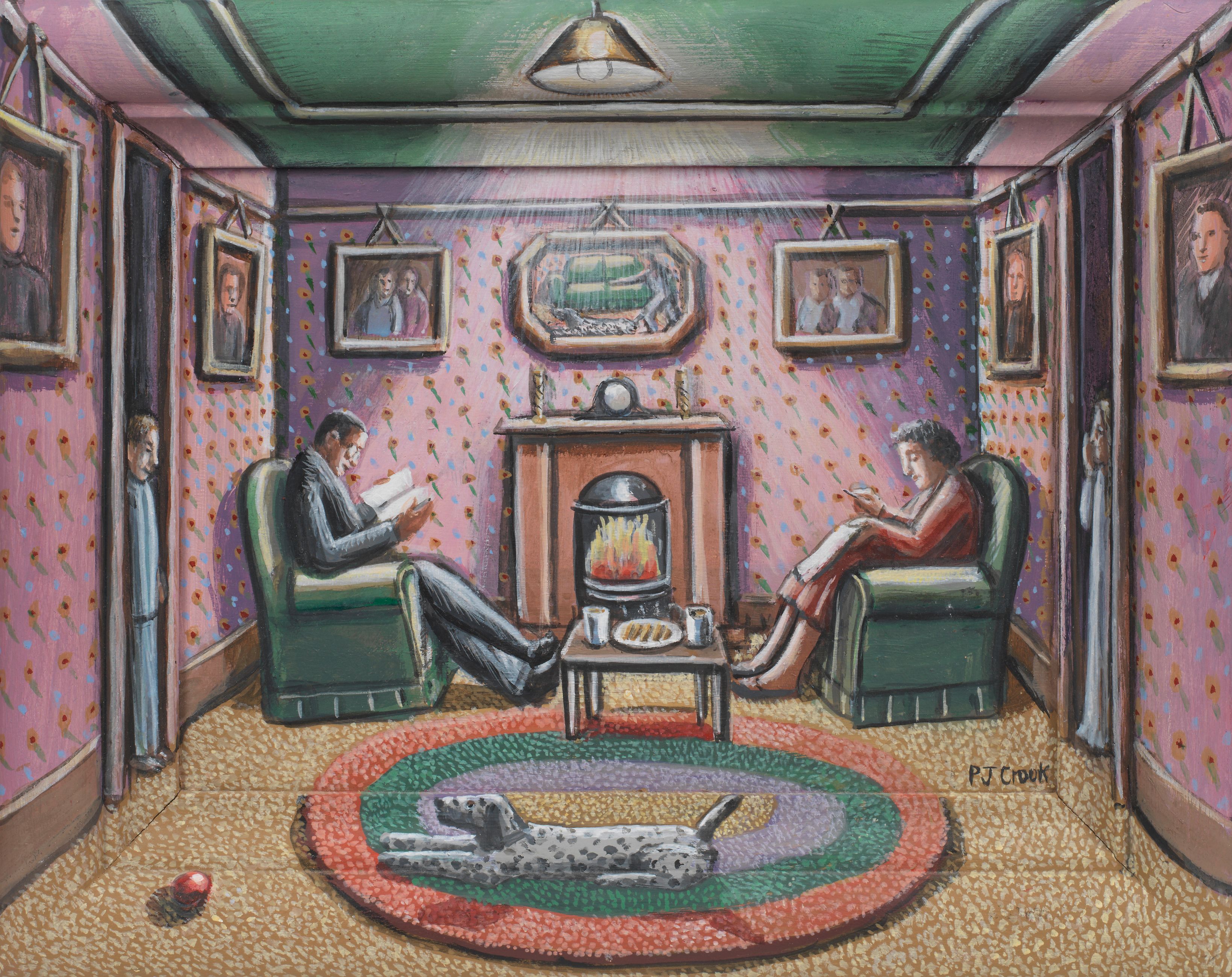 Bonhams : P.J. Crook (British, born 1945) Couple seated by an open fire ...