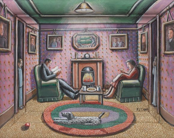 Bonhams : P.J. Crook (British, born 1945) Couple seated by an open fire ...
