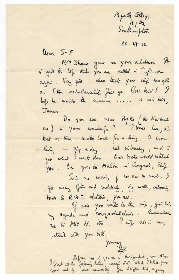 Bonhams : LAWRENCE (T.E.) Autograph letter signed ("T.E.S."), to ...