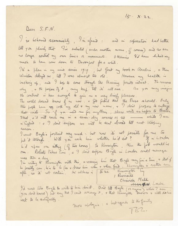 Bonhams : LAWRENCE (T.E.) Autograph letter signed ("TEL."), to Colonel ...