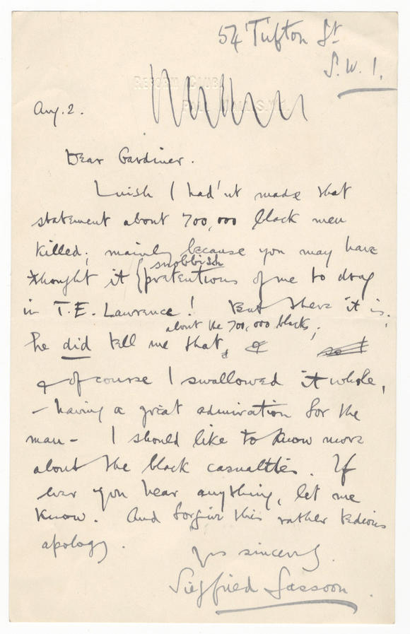 Bonhams Sassoon Siegfried And Te Lawrence Autograph Letter