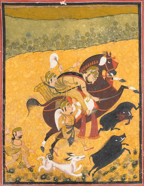 Bonhams : A prince, Suraj Mal of Bundi, on horseback hunting boar, with ...