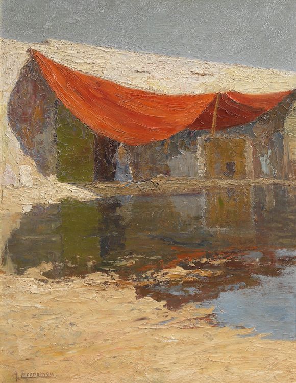 Bonhams : Michalis Economou (Greek, 1888-1933) House with red tent 44.5 ...