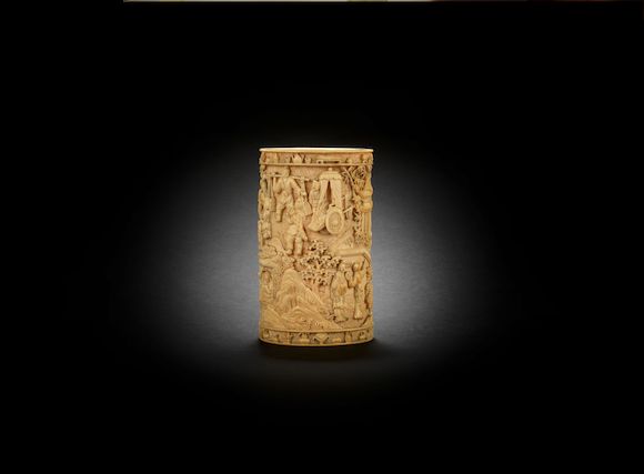 Bonhams : A very fine carved ivory cylindrical brushpot, bitong Late ...