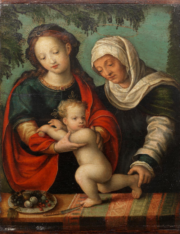 Bonhams : Workshop of Cornelis van Cleve (Antwerp 1520-1569) The Madonna and Child with Saint Anne