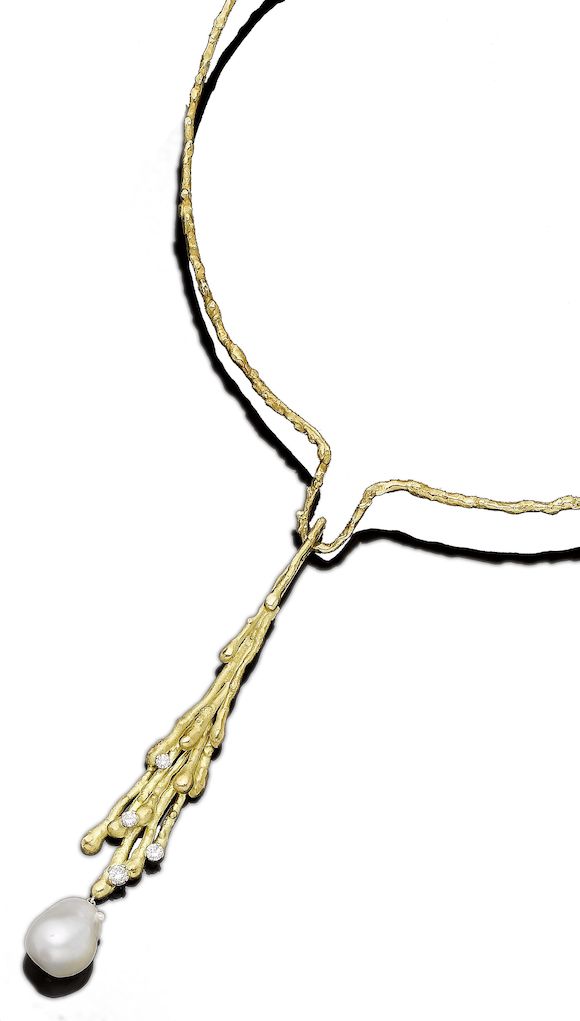 Bonhams : A gold, cultured pearl and diamond-set pendant torque collar ...