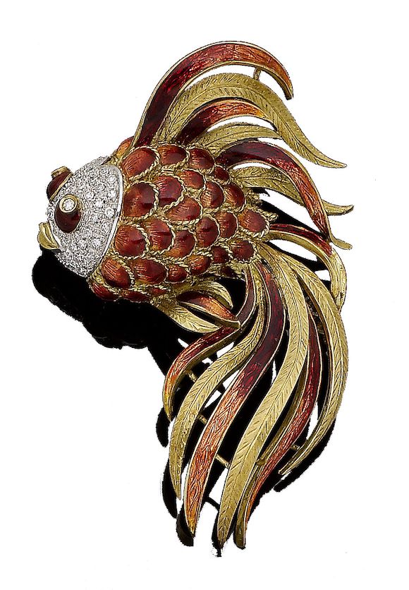 Bonhams : An enamel and diamond goldfish brooch