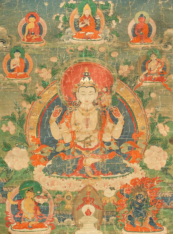 Bonhams : A Thangka depicting Shadakshari Lokeshvara Tibet, 18th Century