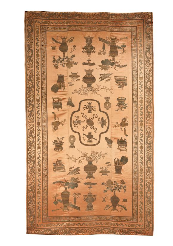 Bonhams : A large apricot-ground silk altar cloth Late Qing Dynasty