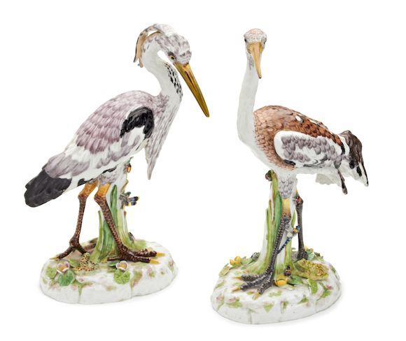 Bonhams : A pair of Dresden models of wading birds, late 19th century