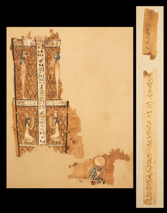 Bonhams : Two Egyptian linen mummy wrapping fragments and two Egyptian ...