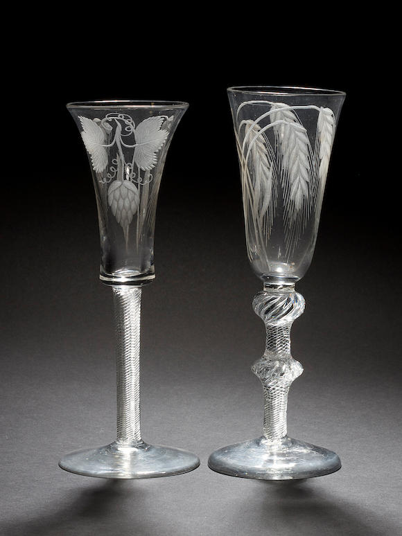 Bonhams Two Airtwist Ale Glasses Circa 1755