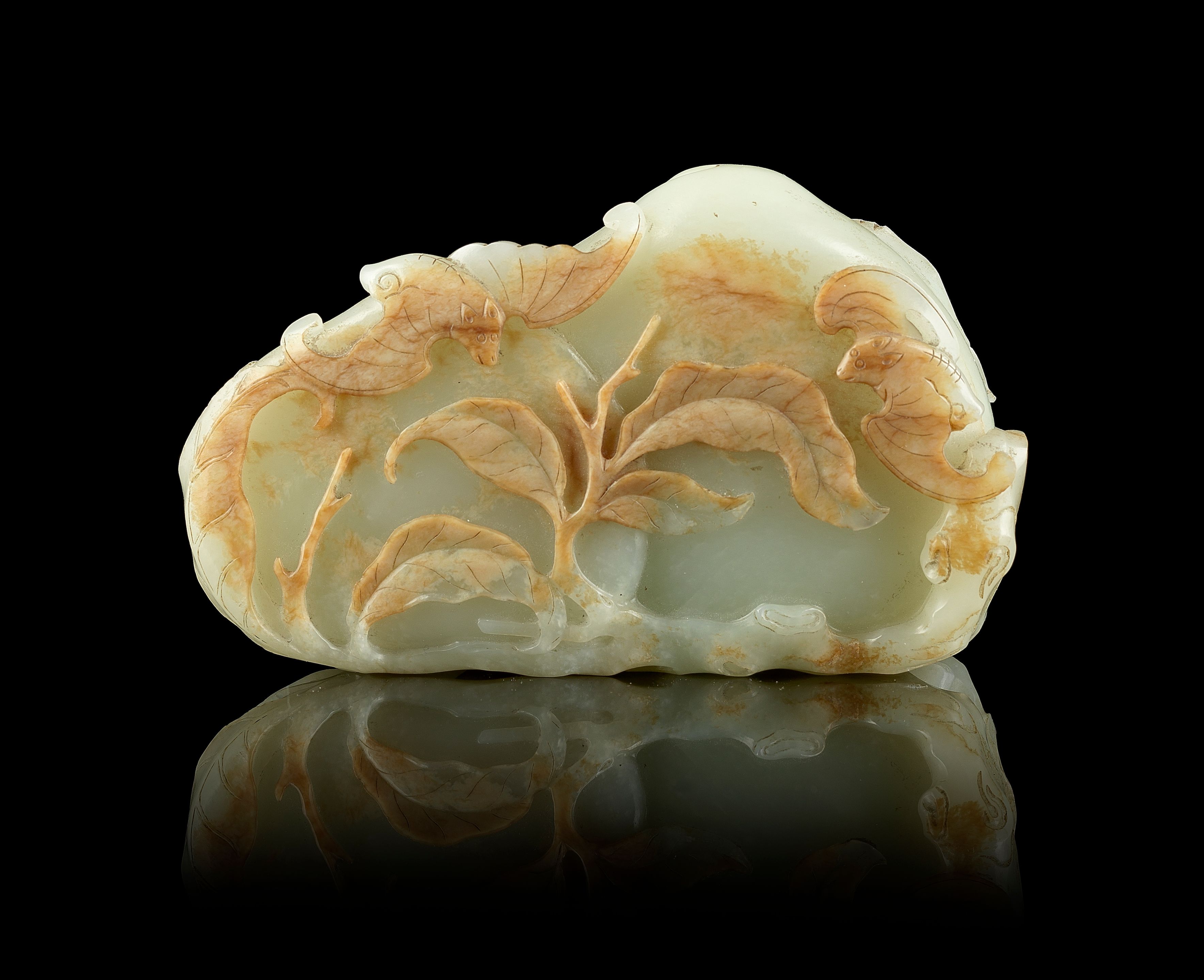Bonhams : A pale green and russet jade peaches and bats group 19th/20th ...