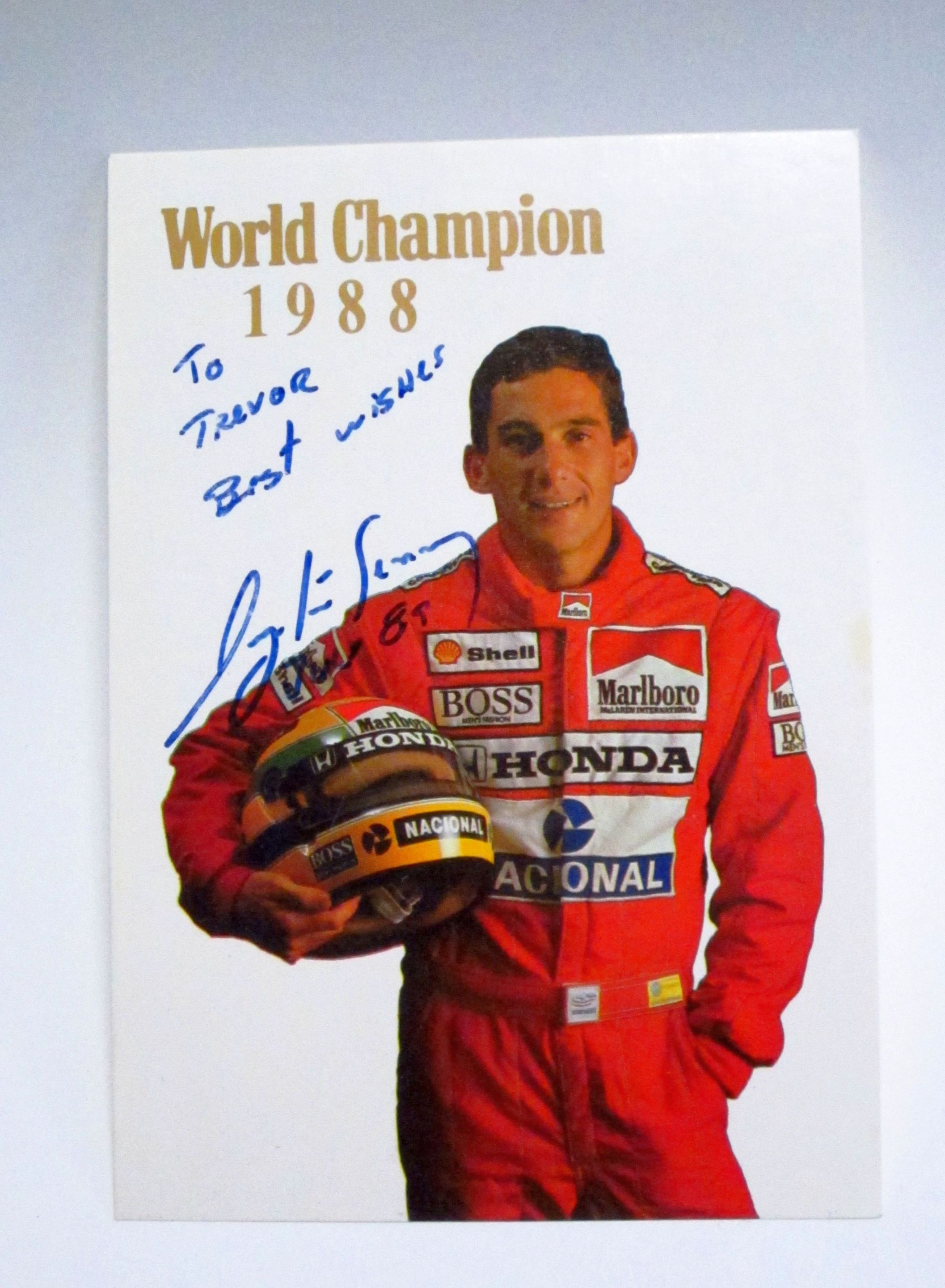 Bonhams Cars : Signed photographic publicity card of Ayrton Senna ...