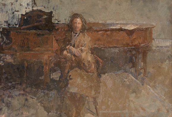 Bonhams : Peter Greenham (British, 1909-1992) Girl sitting by a piano