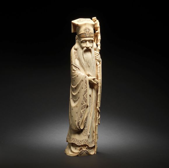 Bonhams : An ivory okimono figure of Jurojin By Ryusui, Meiji Period