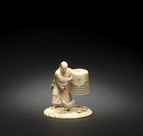 Bonhams : An ivory okimono of a poulterer By Munehiro, Meiji Period