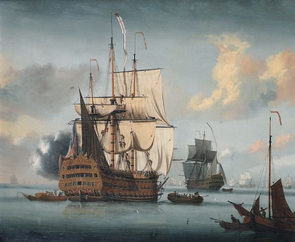 Bonhams : L de Man (fl. c. 1725) The flagship Royal Sovereign saluting ...