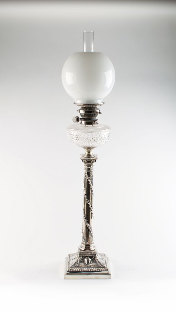 Bonhams : A Victorian silver Corinthian column oil lamp and shade by ...