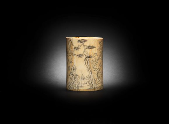 Bonhams : An incised ivory cylindrical brushpot, bitong 18th/19th century