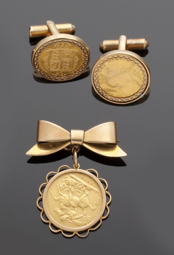 Bonhams : A pair of 9ct gold sovereign cufflinks, a sovereign set ...