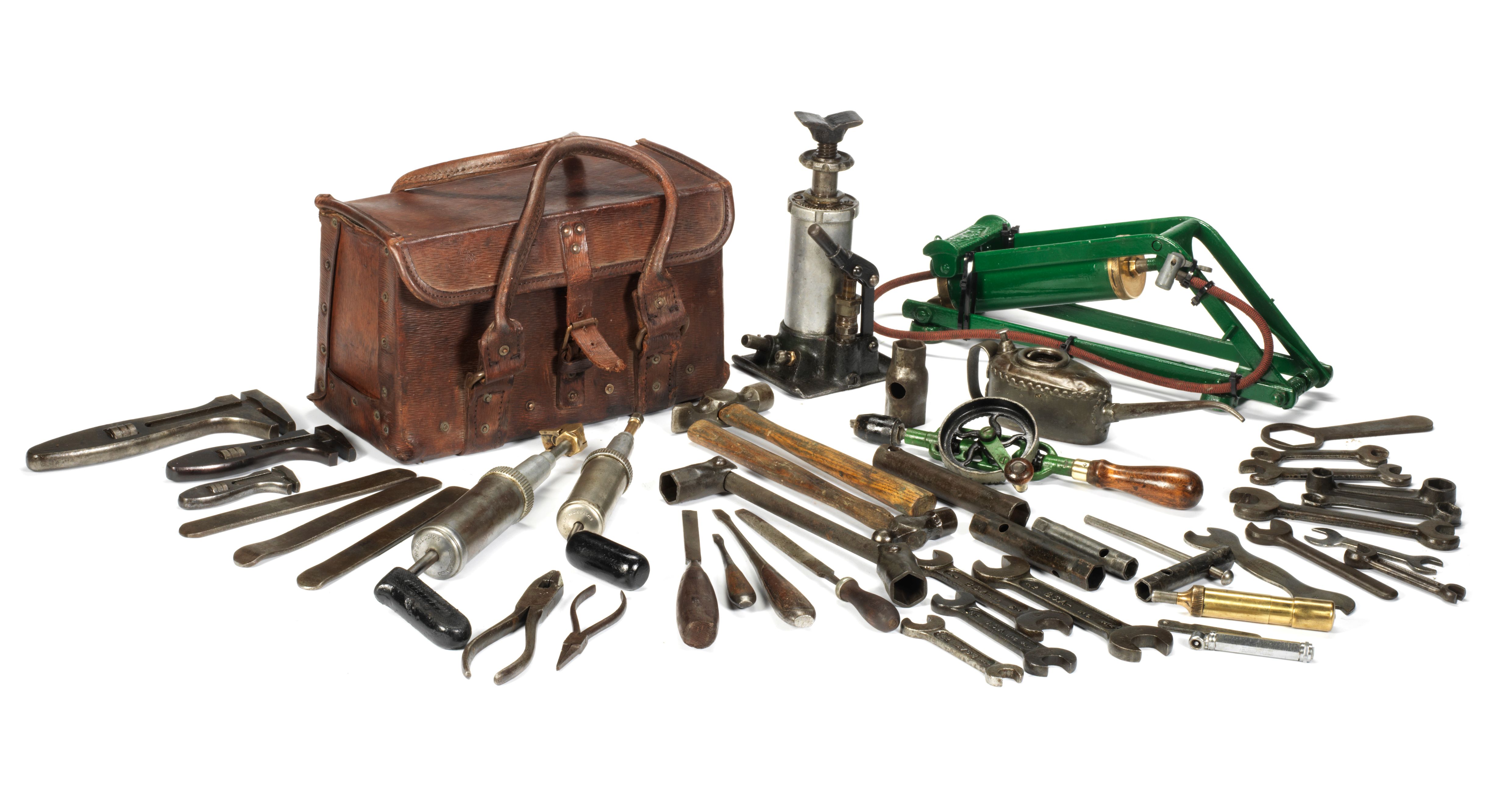 Bonhams Cars : A vintage Bentley owner drivers' toolkit in leather toolbag,