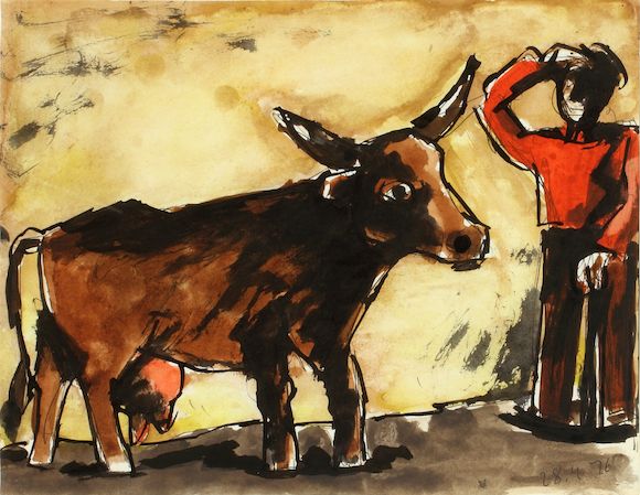 Bonhams : Josef Herman R.A. (British, 1911-2000) Farmer and cow