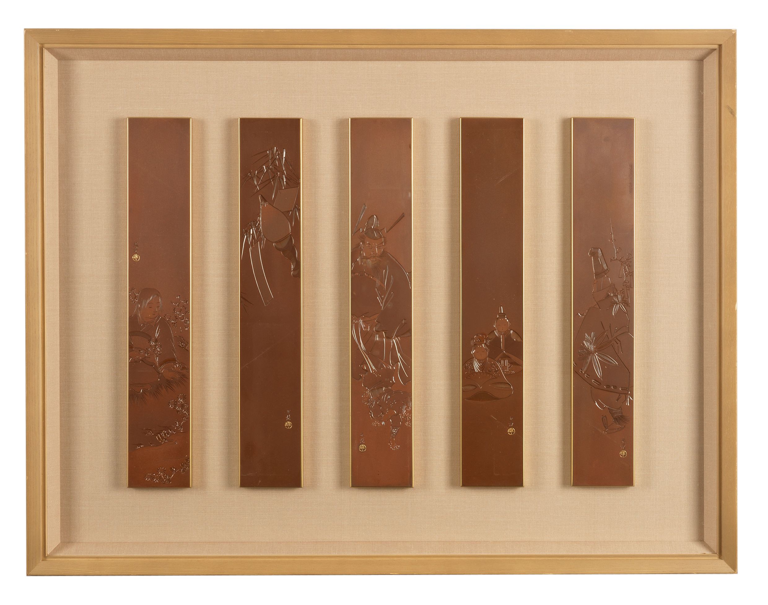Bonhams : A set of five bronze rectangular panels By Teruo, Meiji Period