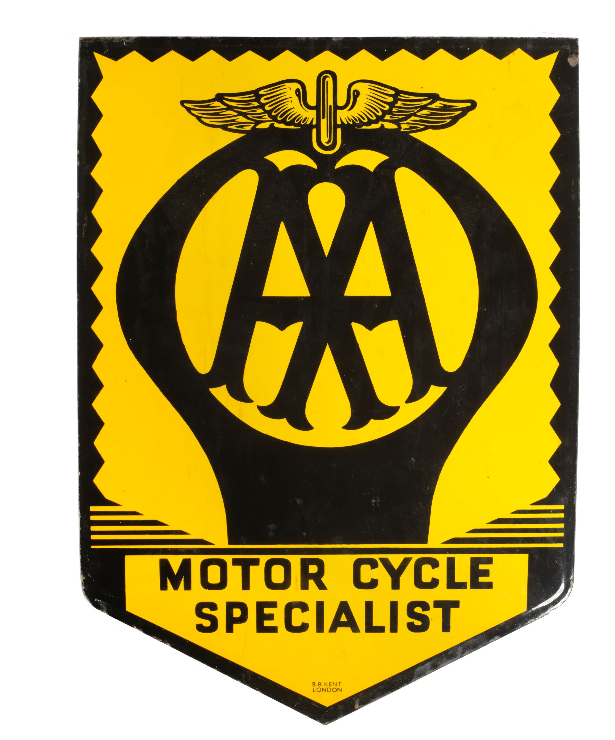 Bonhams Cars : An 'AA Motor Cycle Specialist' enamel shield sign,
