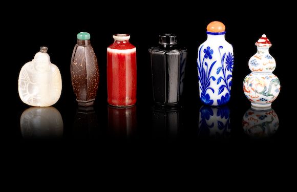 Bonhams : A group of six snuff bottles 20th century
