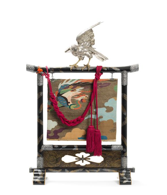 Bonhams : A silver okimono of a hawk on a black lacquer tall perch for ...