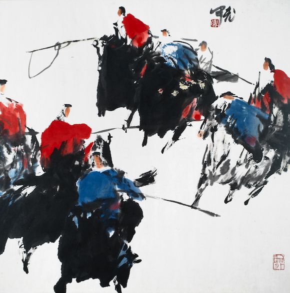 Bonhams : A painting of six horsemen Jia Haoyi (1938-)
