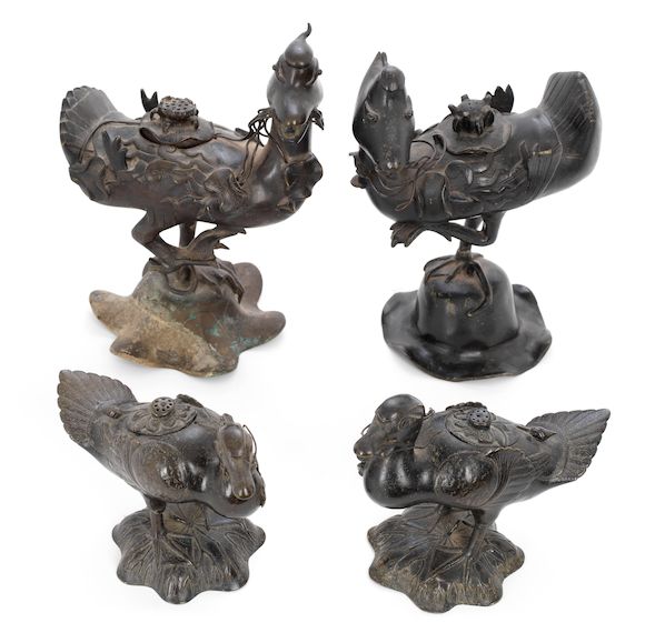 Bonhams : Two pairs of bronze 'Mandarin duck' incense burners and ...